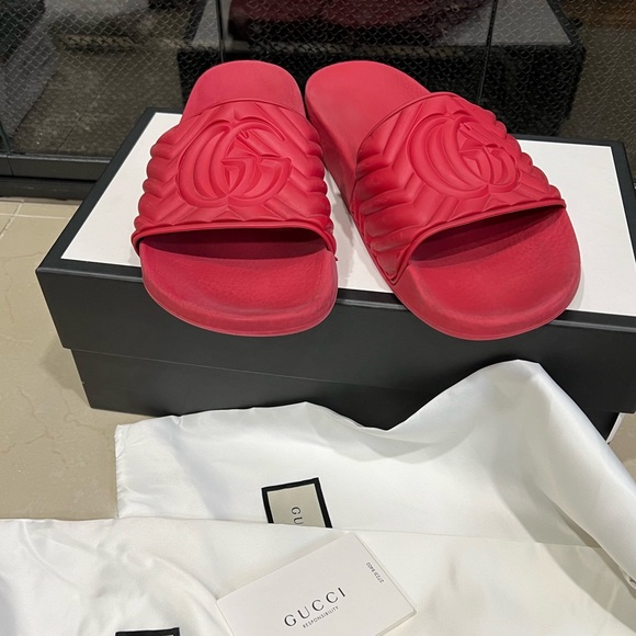 Gucci | Shoes | Authentic Red Gucci Embossed Logo Slides | Poshmark